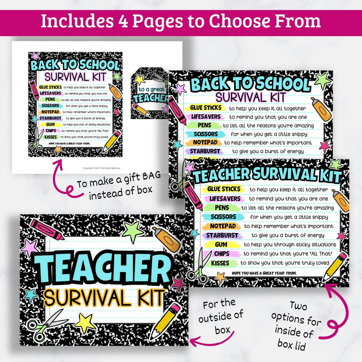 Printable Teacher Survival Kit Signs and Gift Tags – The Savvy Sparrow
